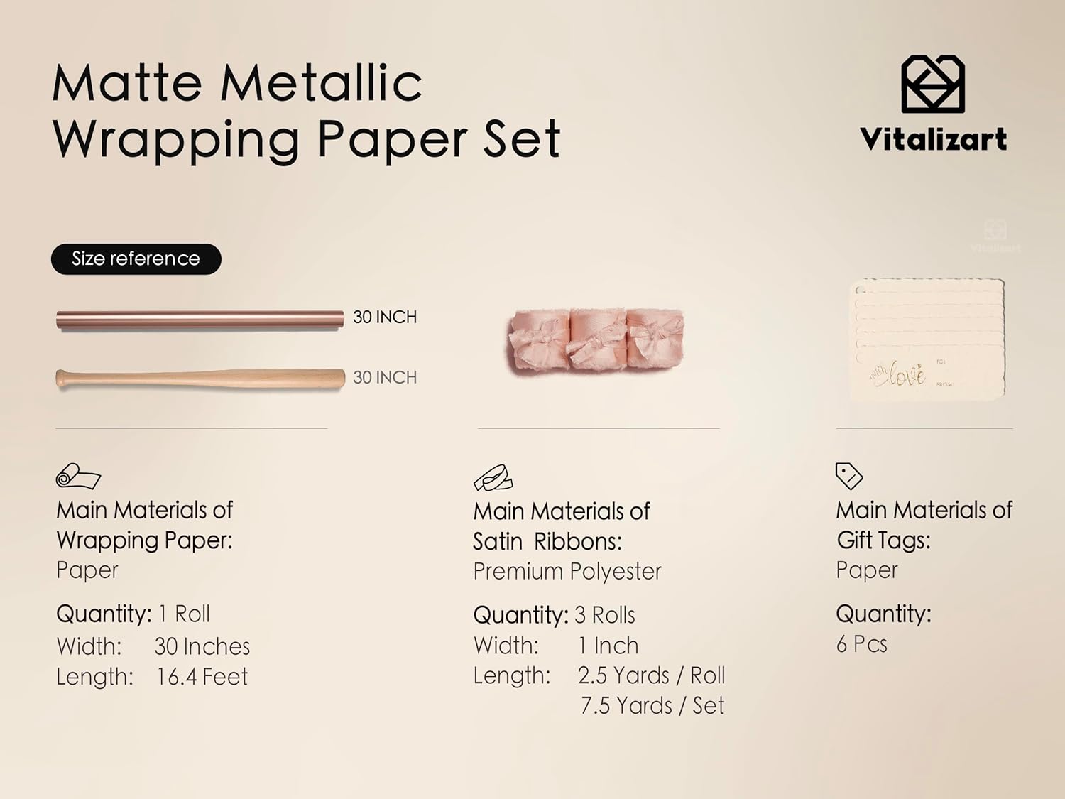 Wrapping Paper Set 30"x197" Matte Metallic With Silk Satin Ribbon & Gi ...